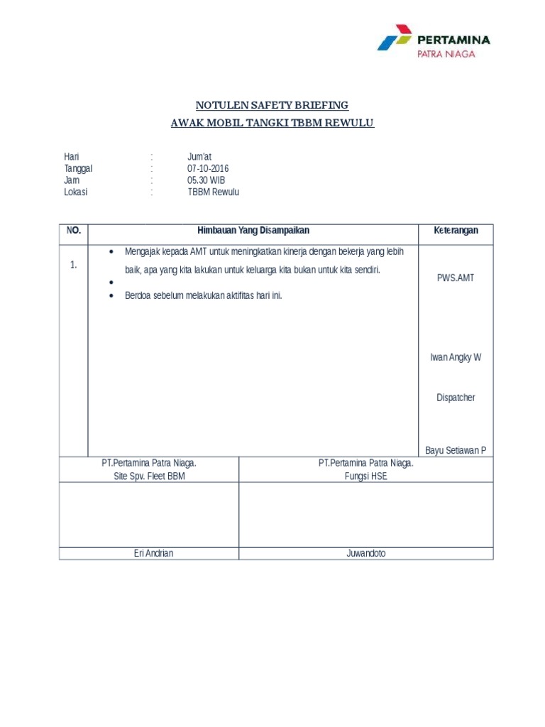 Notulen Safety Briefing | PDF