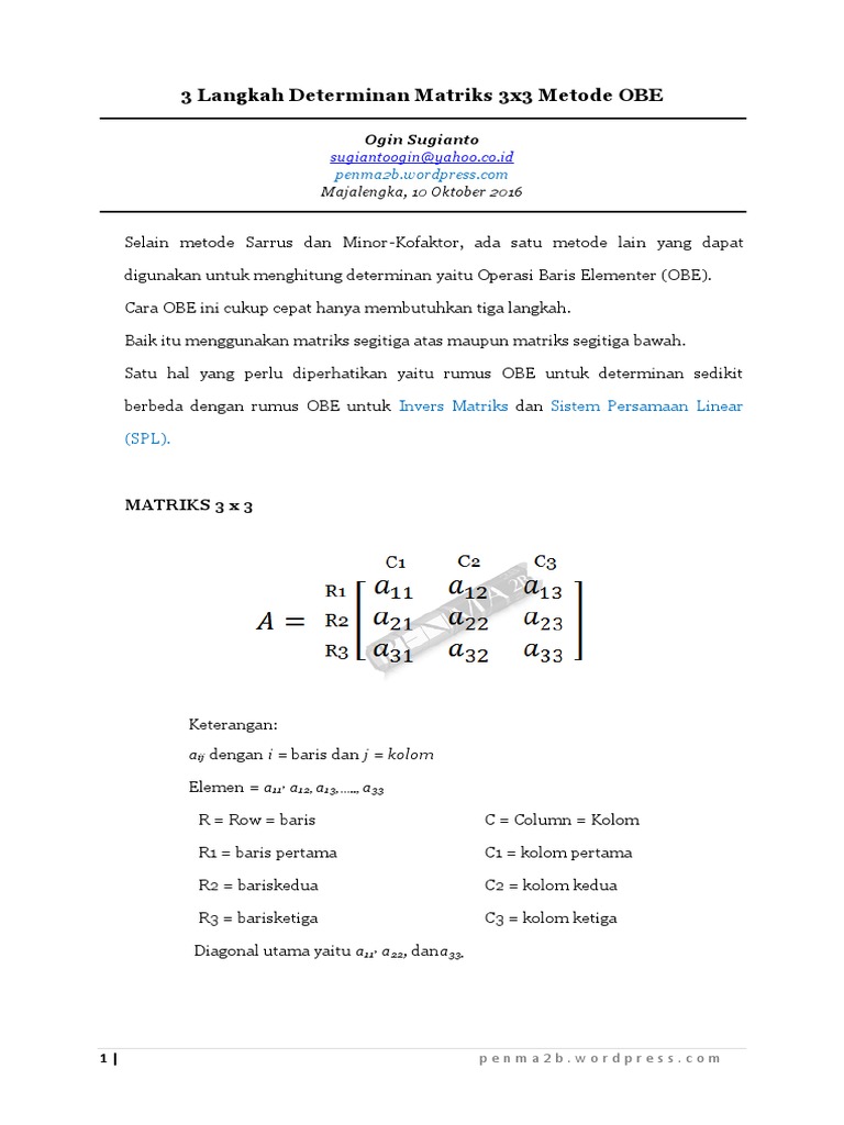 3 Langkah Determinan Matriks 3x3 Metode OBE | PDF