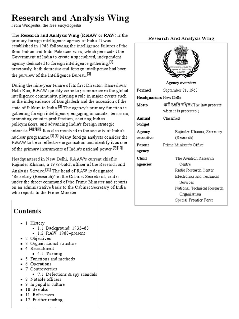 Research and Analysis Wing - Wikipedia | Securities | National Security