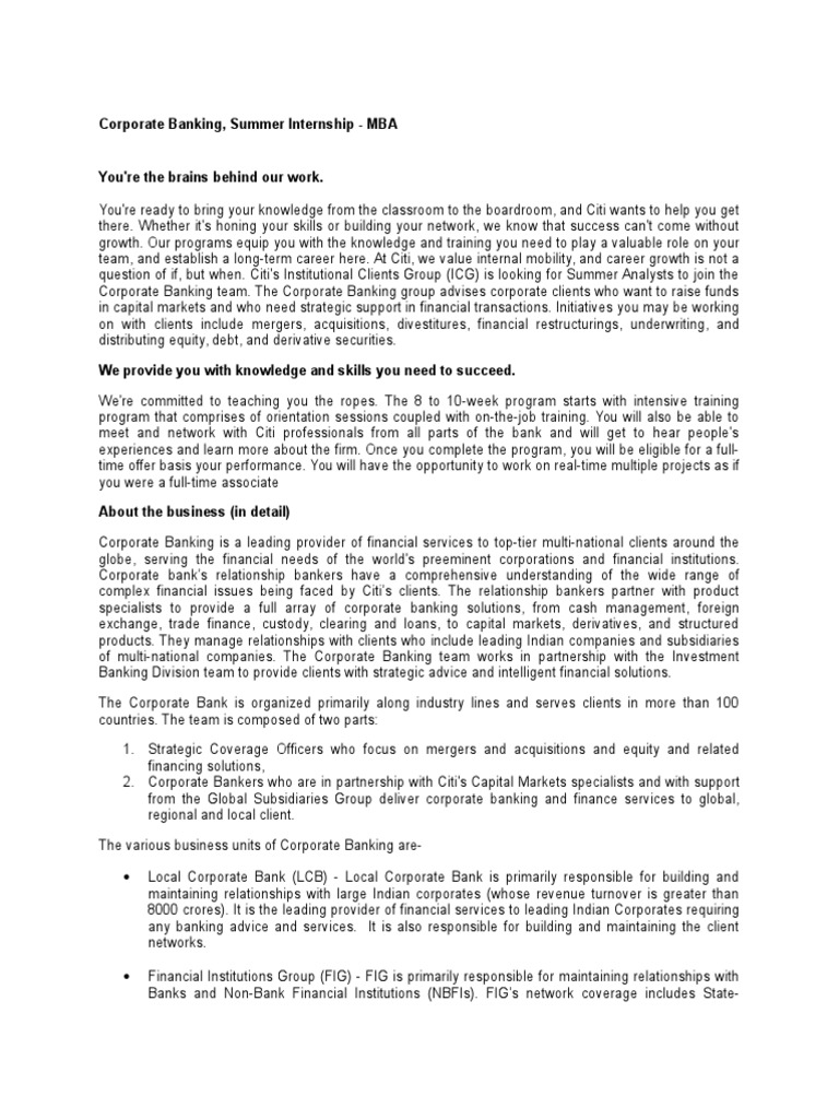 Corporate Banking Summer Internship Program | PDF | Citigroup | Banks