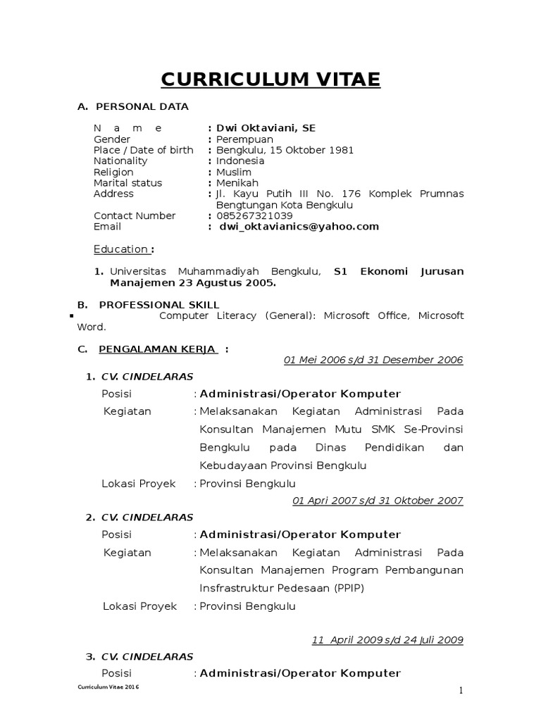 Curriculum Vitae Dwi Oktaviani, SE | PDF
