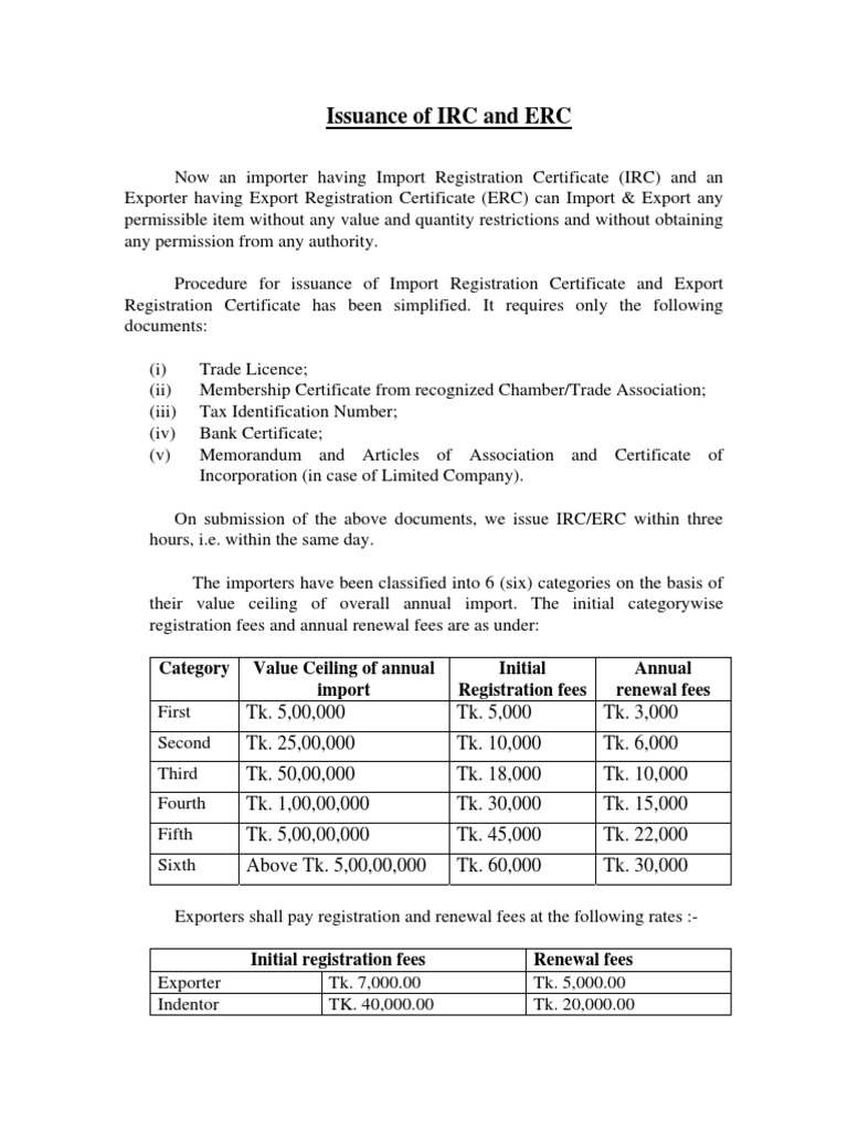 Fees For Irc - Erc | PDF