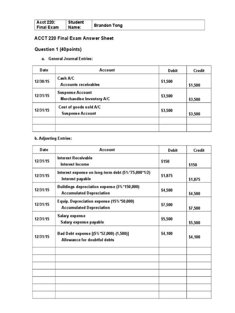 Final Exam Answer Sheet | Debits And Credits | Expense