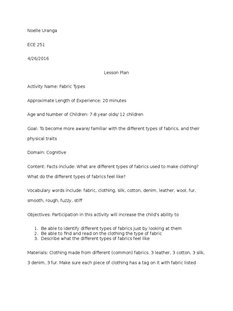 ECE 251 Lesson Plan | PDF | Textiles | Clothing