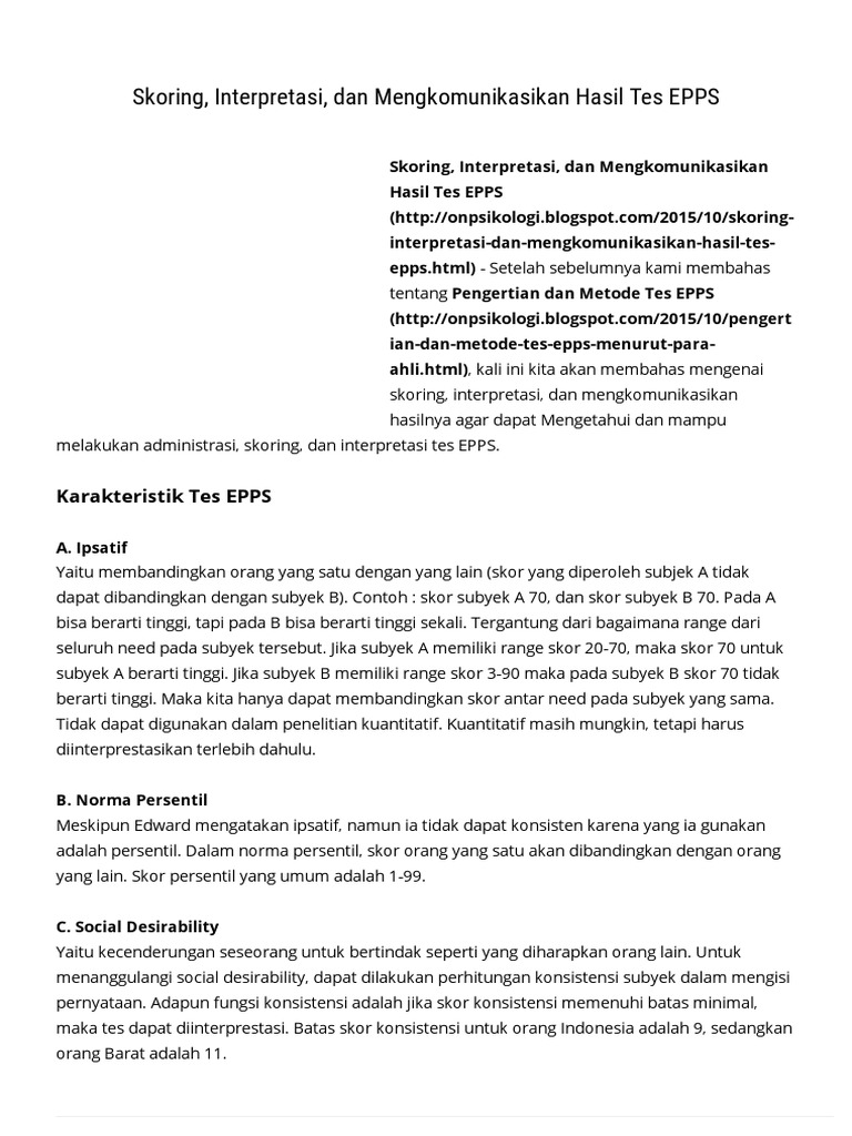 Skoring, Interpretasi, Dan Mengkomunikasikan Hasil Tes EPPS - Ilmu ...