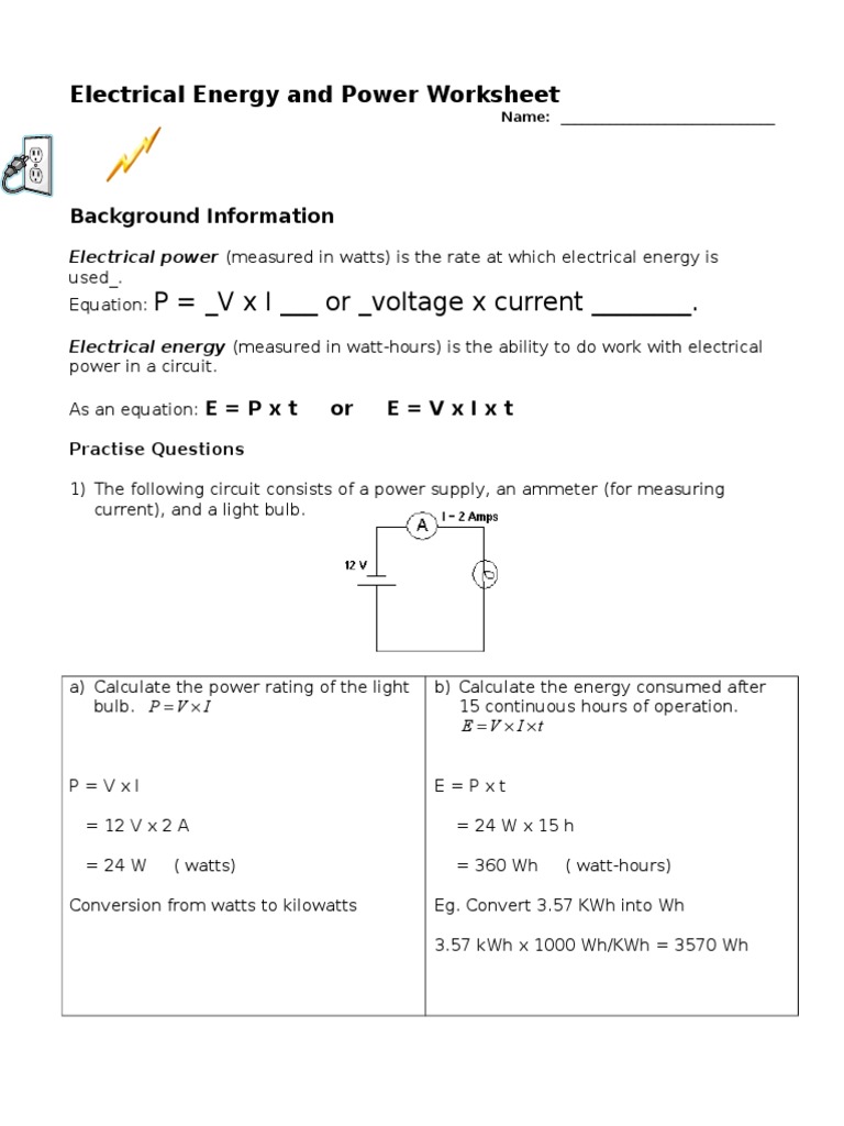 Electrical Energy and Power Worksheet | PDF | Kilowatt Hour | Watt