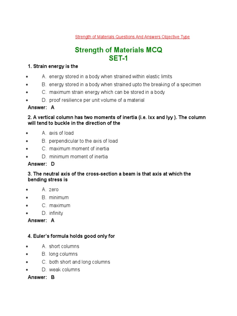 Strength of Materials Questions and Answers Objective Type111111 | PDF ...