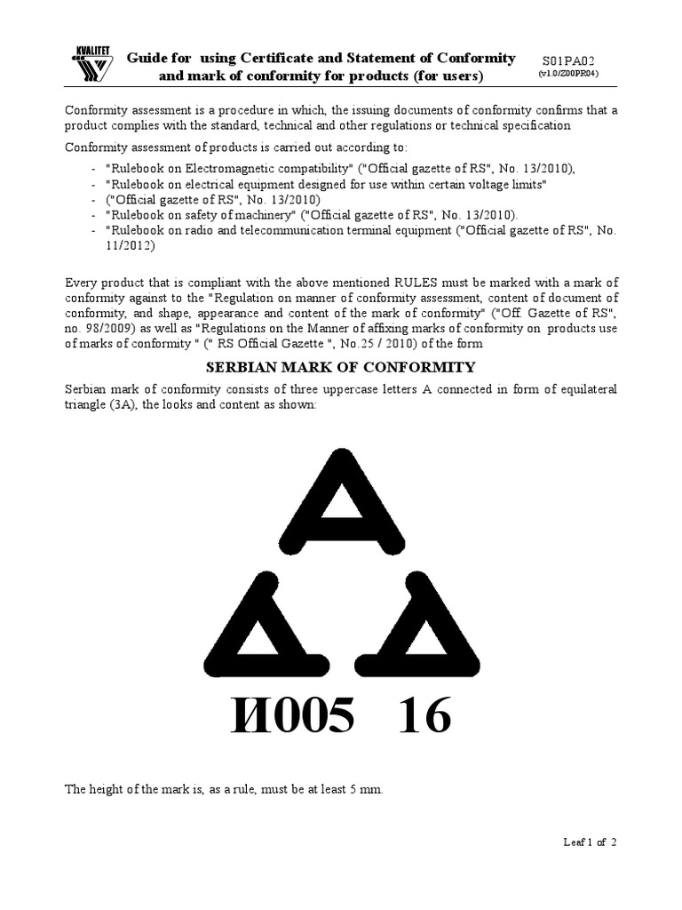 Uputstvo Za Koriscenje Potvrde I Izjave o Usaglasenosti I Znaka Usaglasenosti Engleski Vazeci ...