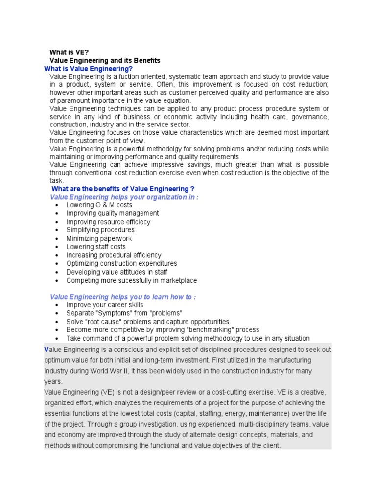 What Is VE? Value Engineering and Its Benefits | PDF | Evaluation ...