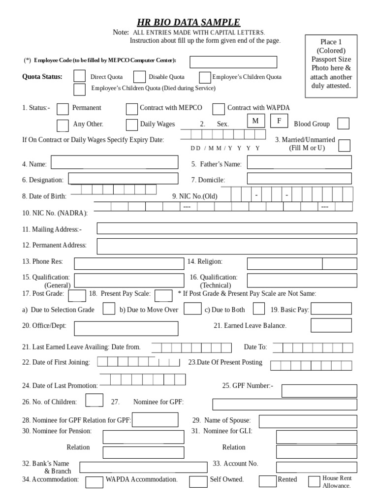 HR Bio Data Sample: Place 1 (Colored) Passport Size Photo Here & Attach ...