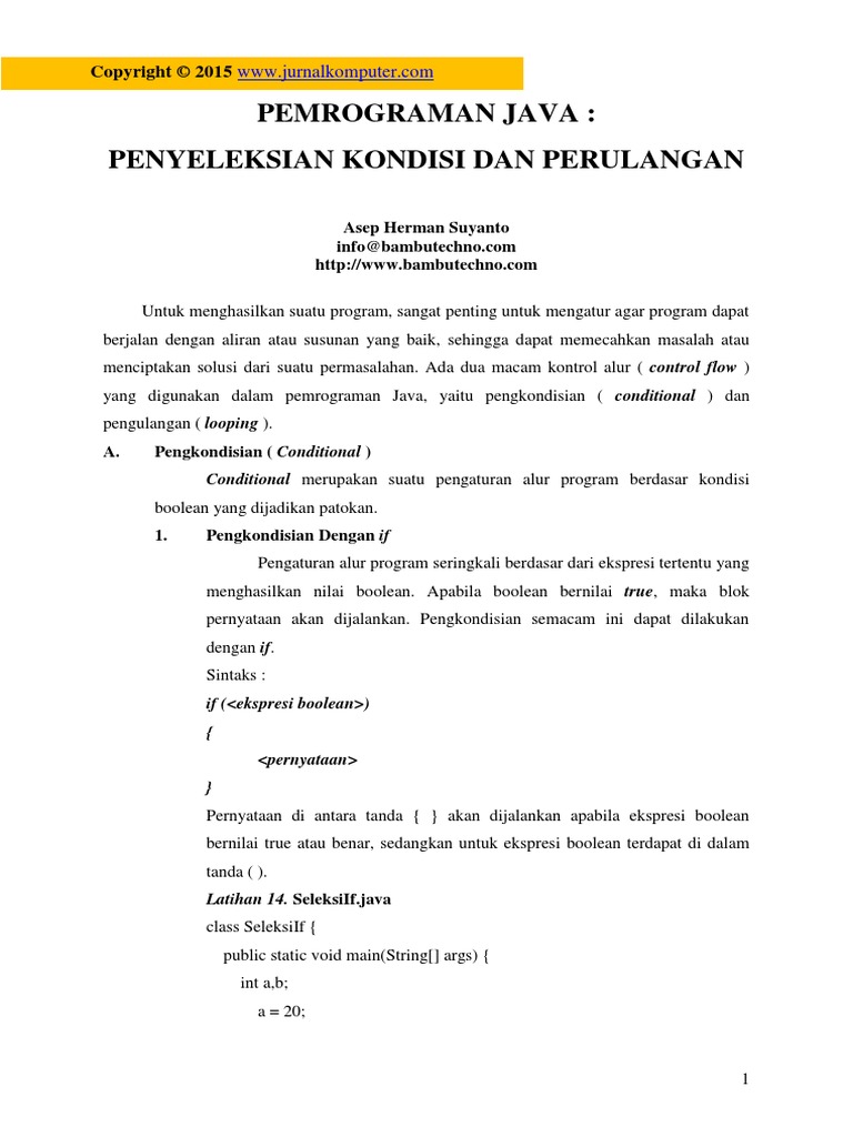 Pemrograman Java - Penyeleksian Kondisi Dan Perulangan | PDF | Metode & Bahan Ajar | Komputer