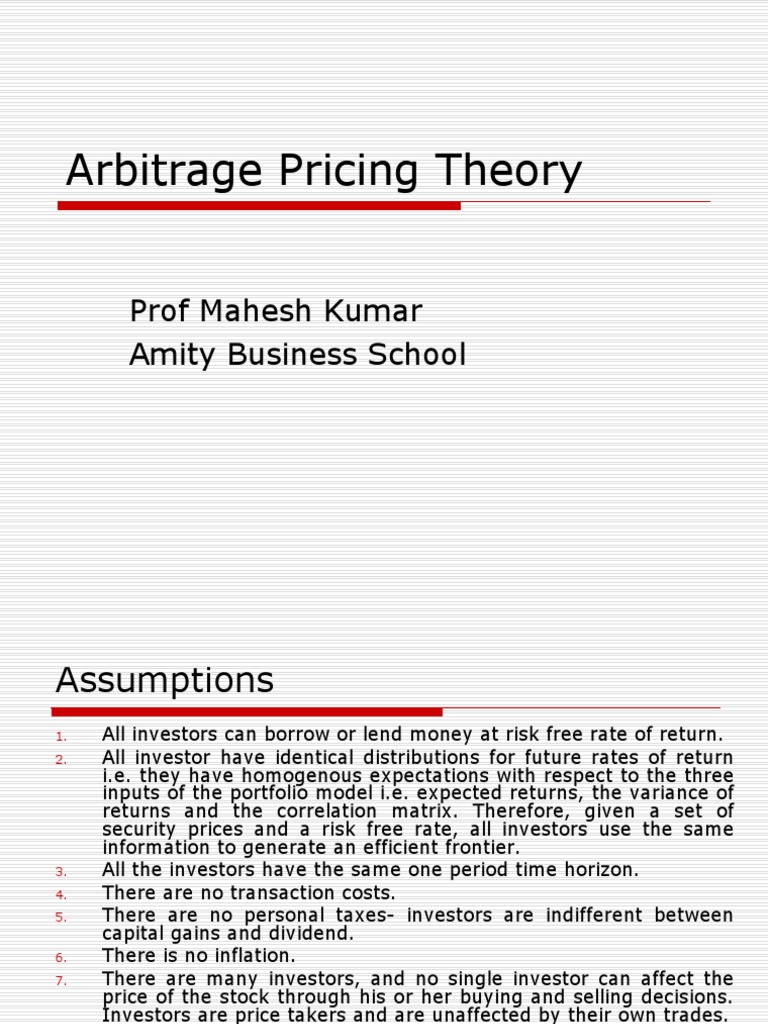 Arbitrage Pricing Theory: Prof Mahesh Kumar Amity Business School | PDF | Financial Economics ...