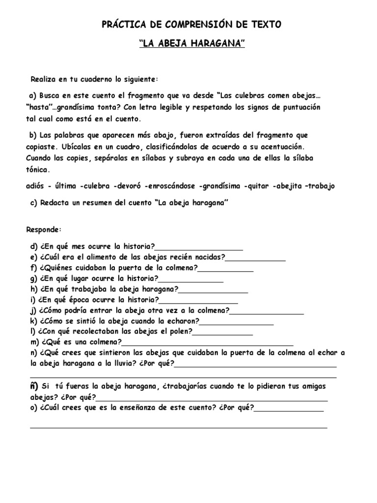 Práctica De Comprensión De Texto La Abeja Aragana Pdf Abejas Colmena