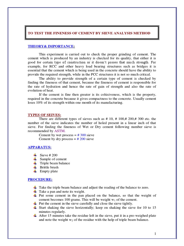 Fineness Test of Cement by Sieve Analysis | PDF | Weighing Scale | Concrete