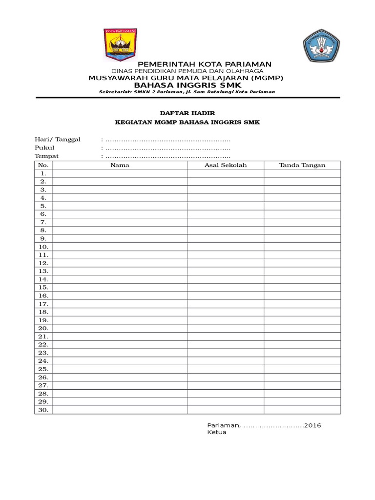 Daftar Hadir MGMP Bahasa Inggris SMK | PDF | Agama & Spiritualitas