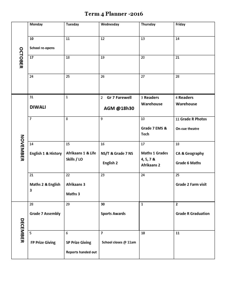 Term 4 Planner 2016 | PDF