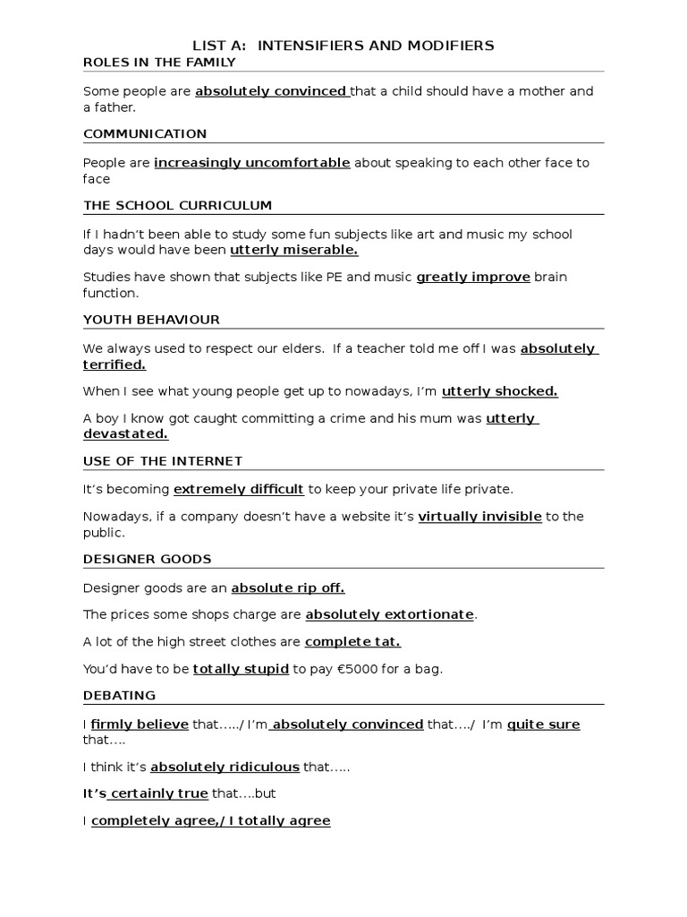 Trinity Grade 10 Revision - Intensifiers and Modifiers | PDF | Capital ...