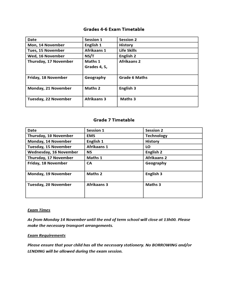 Exam Timetable Grade 4 - 7