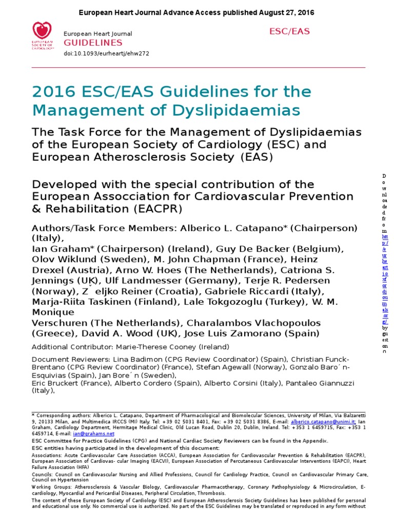 2016 ESC/EAS Guidelines for the Management of Dyslipidaemias | PDF ...
