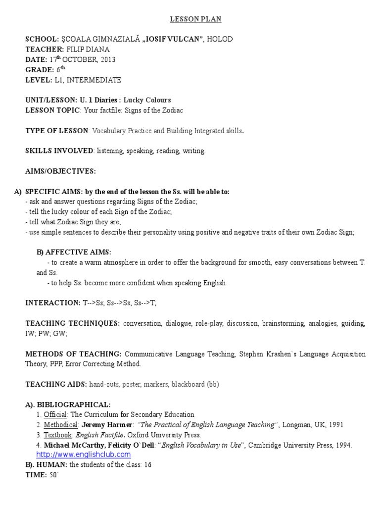 Zodiac Signs Vocabulary Lesson Plan | PDF | Astrological Sign | Star ...