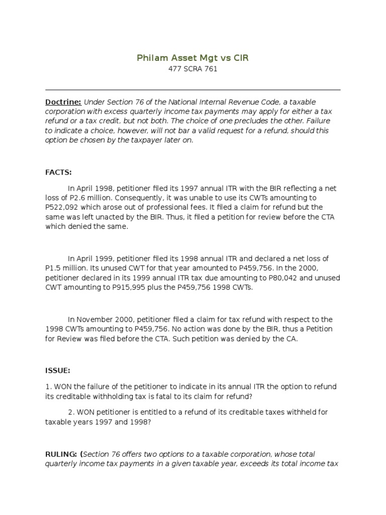 Philam Asset MGT V CIR | PDF | Tax Refund | Tax Credit