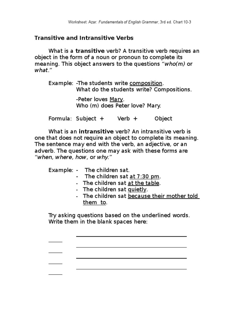 Transitive vs Intransitive Verbs Worksheet | PDF