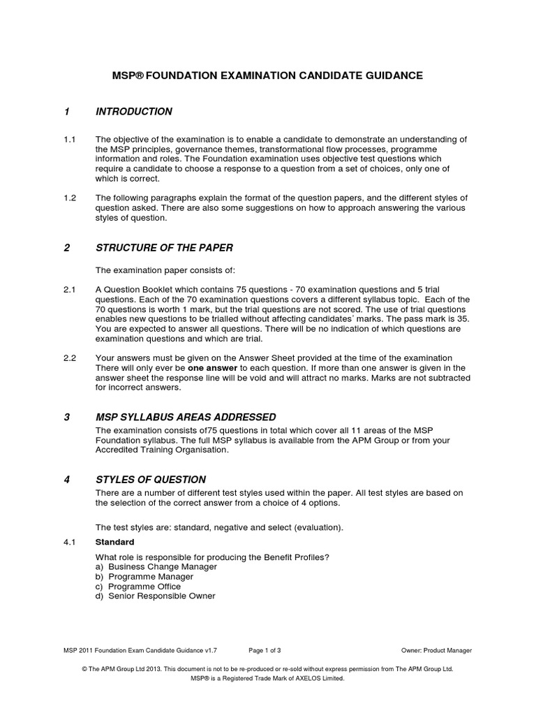 MSP 2011 Foundation Exam Candidate Guidance v1.7 | PDF | Question ...