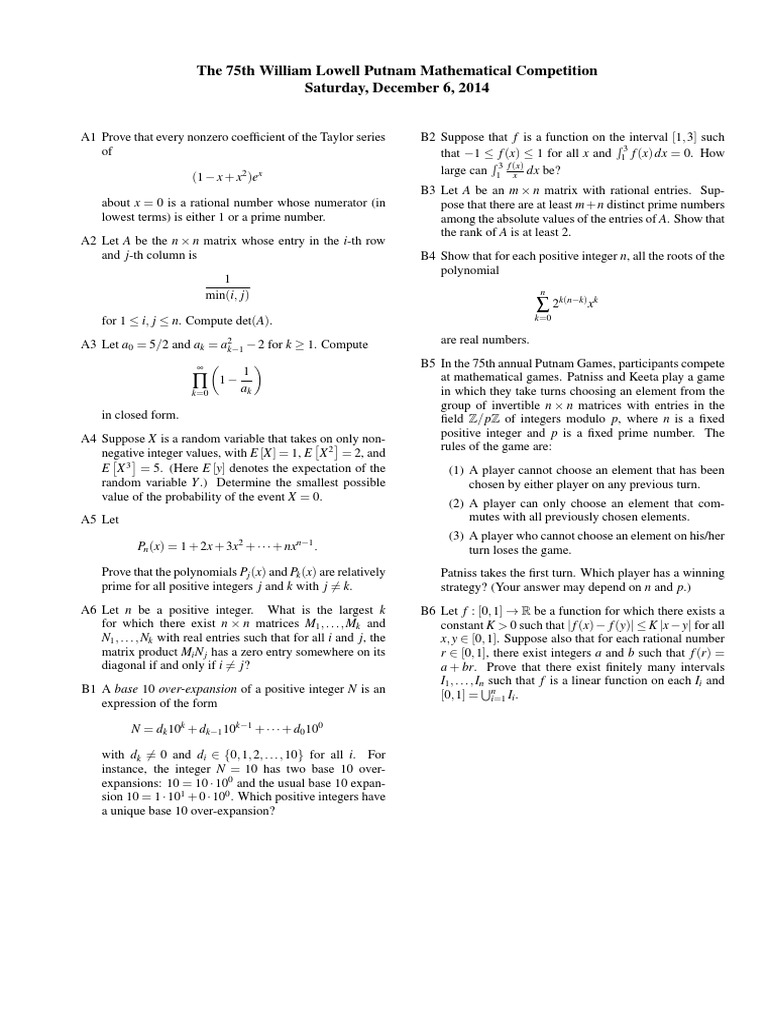 The 75th William Lowell Putnam Mathematical Competition Saturday ...