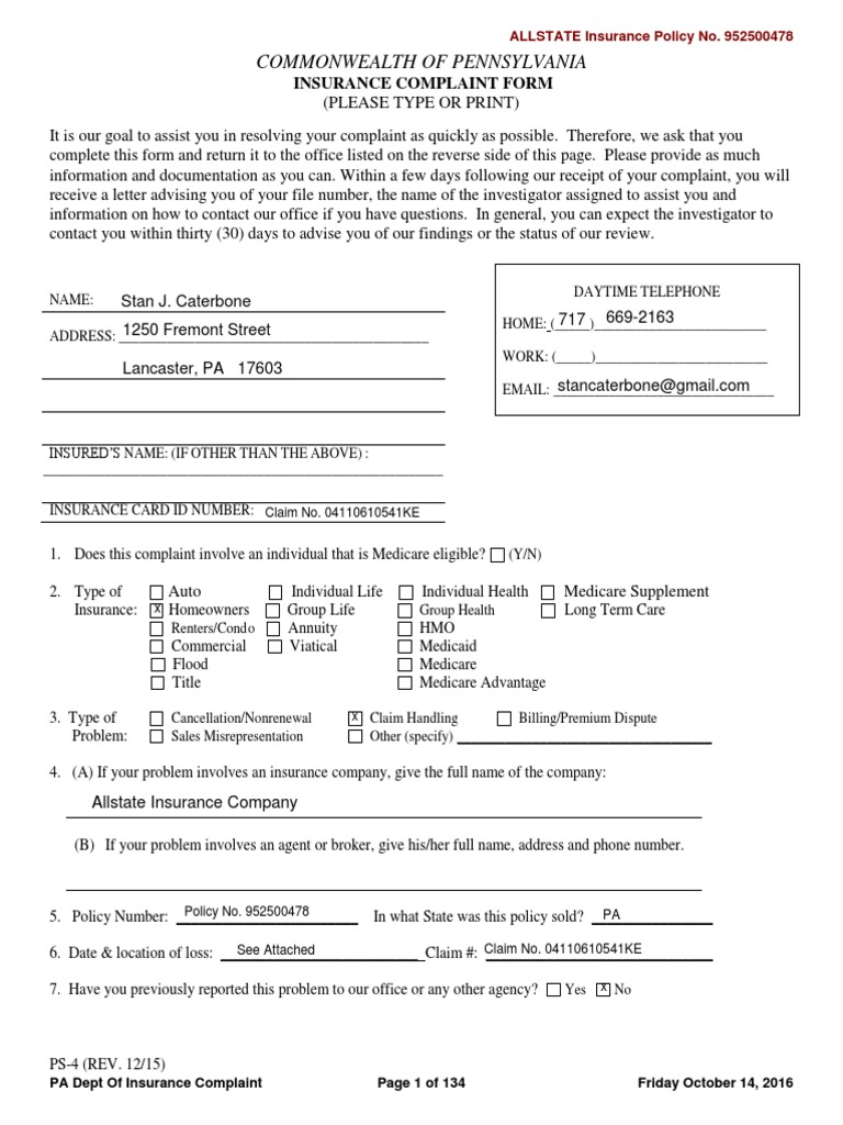 Pennsylvania Insurance Department Complaint Form 2015A Re Allstate ...