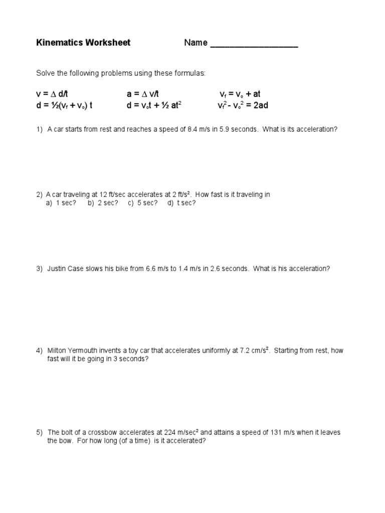 Kinematics Worksheet | PDF | Acceleration | Velocity