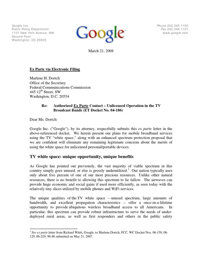 Ex Parte Via Electronic Filing: TV White Space: Unique Opportunity ...