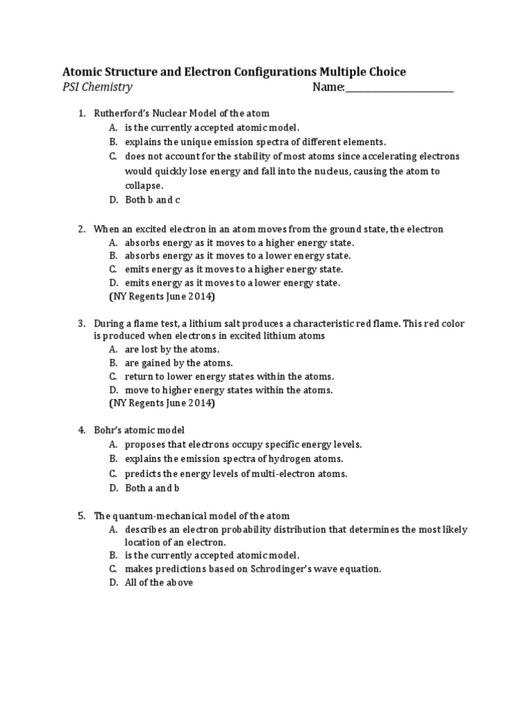 Atomic Structure and Electron Configurations Multiple Choice Review ...