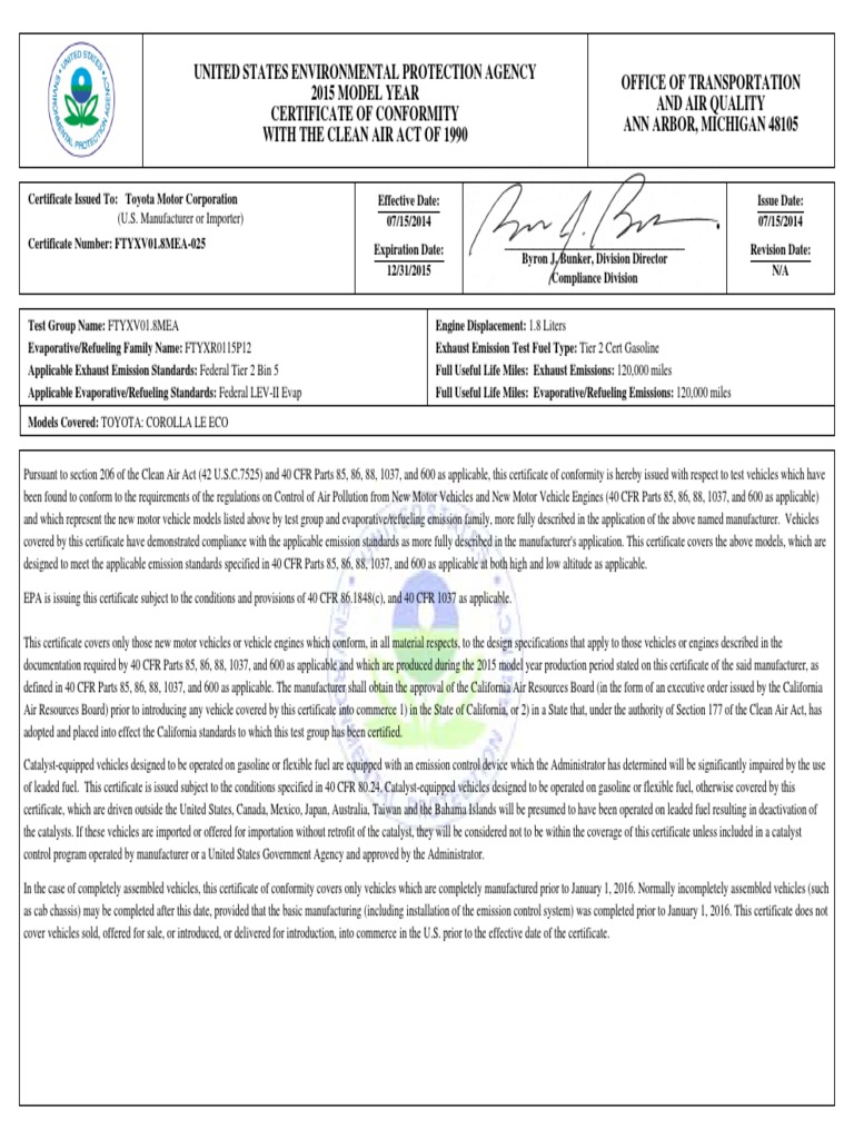 2015 EPA Certificate of Conformity - Totyota Corolla | PDF | Emission ...