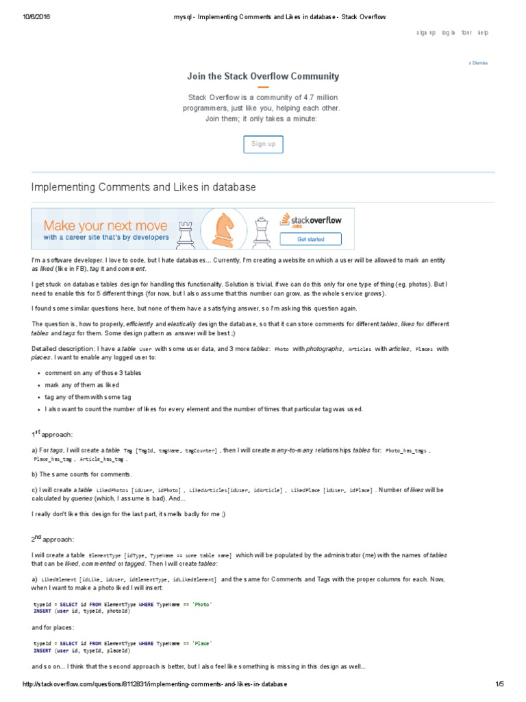 Mysql - Implementing Comments and Likes in Database | PDF | Table (Database) | Databases