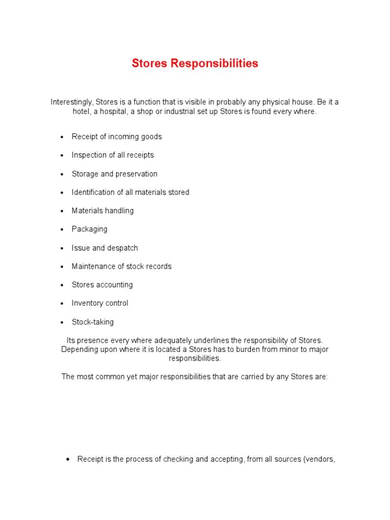 Store Responsibilities Overview | PDF | Warehouse | Inventory
