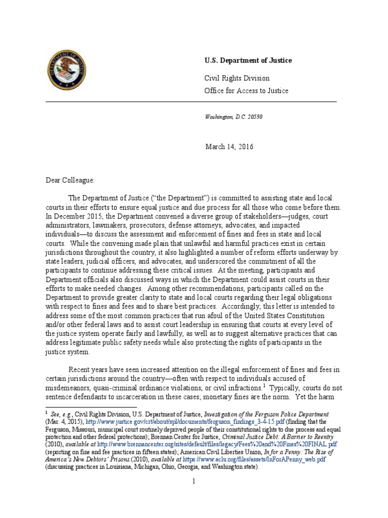 Department of Justice Letter | Right To Counsel | Fourteenth Amendment ...