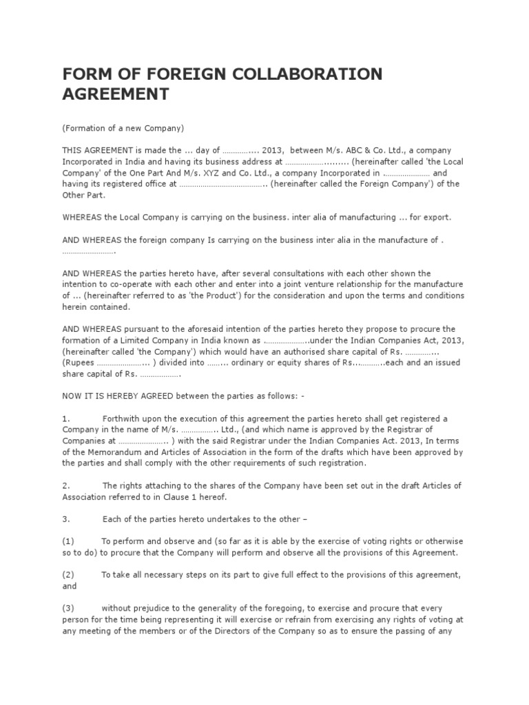 Form of Foreign Collaboration Agreement | Partnership | Board Of Directors