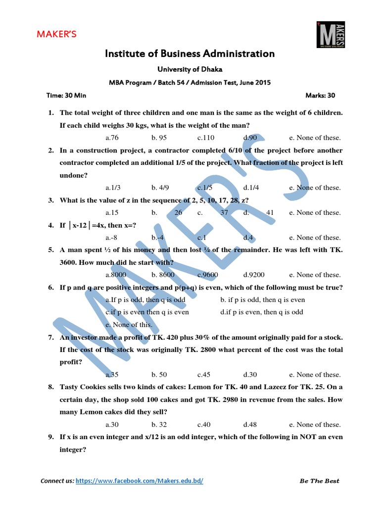 IBA MBA Admission Math Questions 2024 | PDF | Odds | Integer