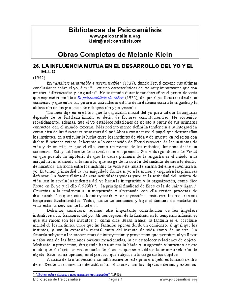 Klein, Melanie - La Influencia Mutua en El Desarrollo Del Yo Y El Ello ...