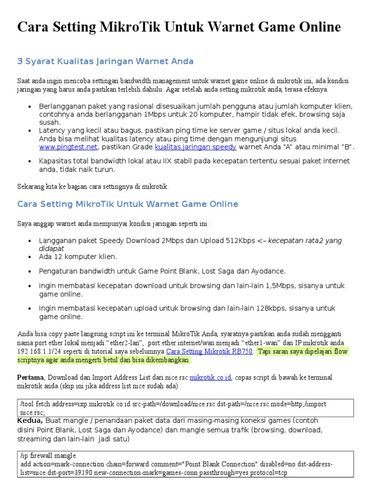 Cara Setting MikroTik Untuk Warnet Game Online | PDF | Komputer