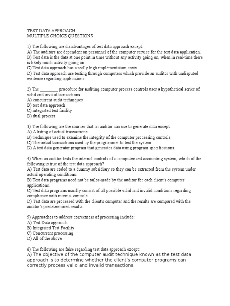 Test Data Approach Multiple Choice Questions | PDF | Audit | Computer ...
