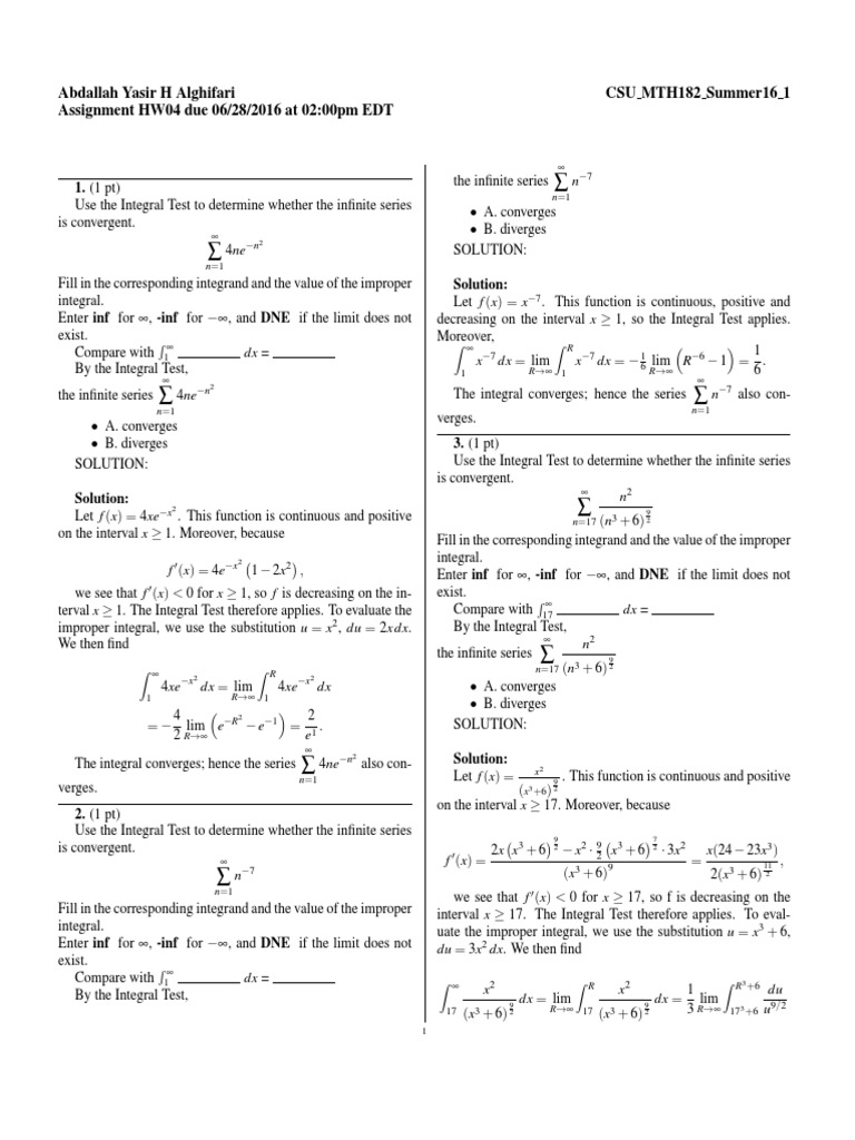 CSU MTH182 Summer16 1.2585948.HW04 | PDF | Series (Mathematics) | Integral