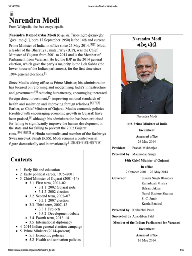 Narendra Modi - Wikipedia | PDF