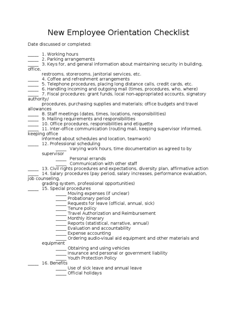 New Employee Orientation Checklist | Mail | Salary