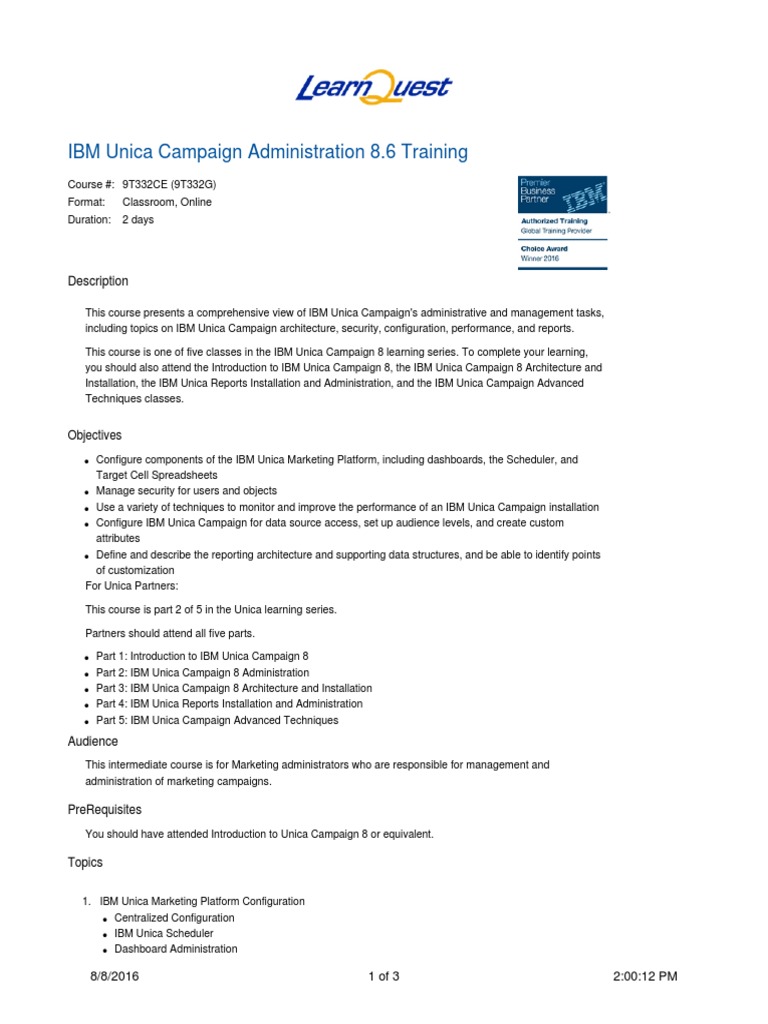 Ibm Unica Campaign Administration 8 6 Training Description Pdf
