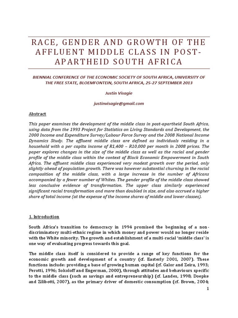 Race, Gender and Growth of The Affluent Middle Classe in Post-Apartheid ...