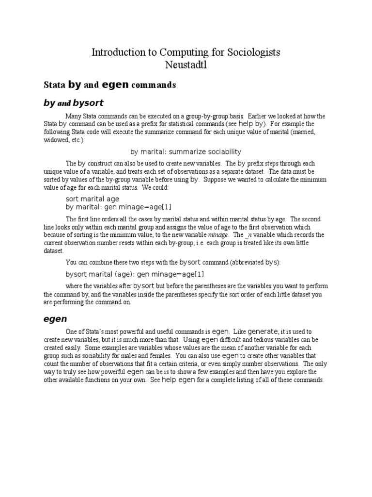 Introduction To Computing For Sociologists Neustadtl: Stata by and Egen ...