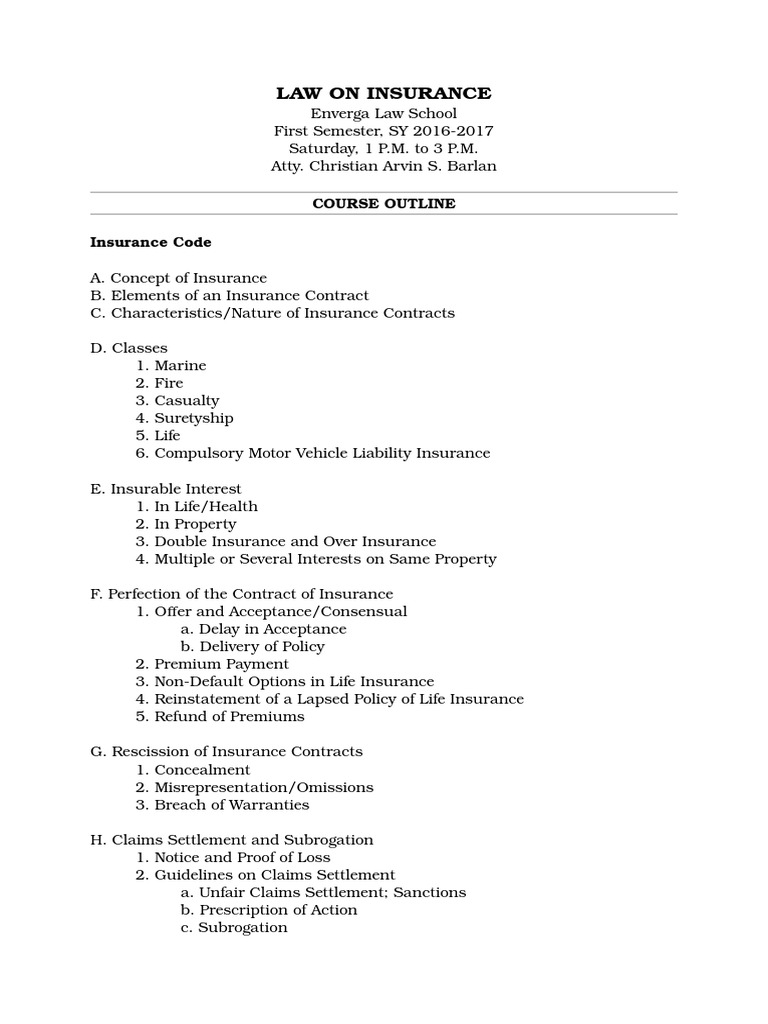 Insurance Law-Course Outline | PDF