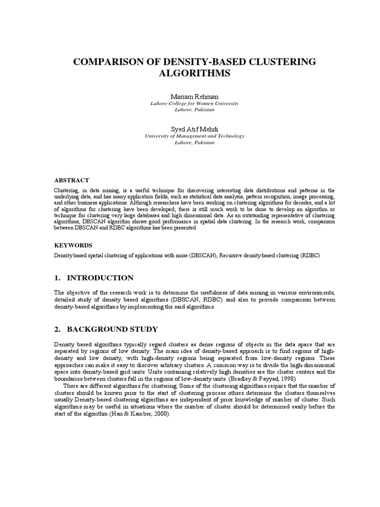 Comparison of Density-Based Clustering Algorithms DBSCAN and RDBC | PDF | Cluster Analysis ...