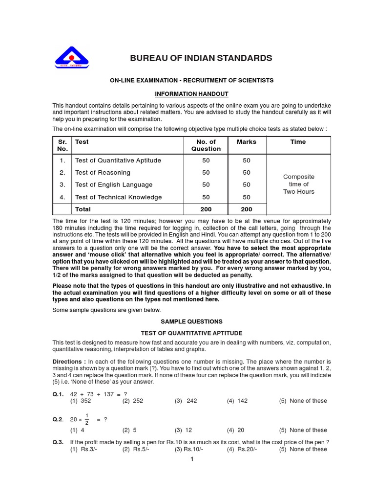 Bureau of Indian Standards: Sr. Test No. of Marks Time No | PDF ...